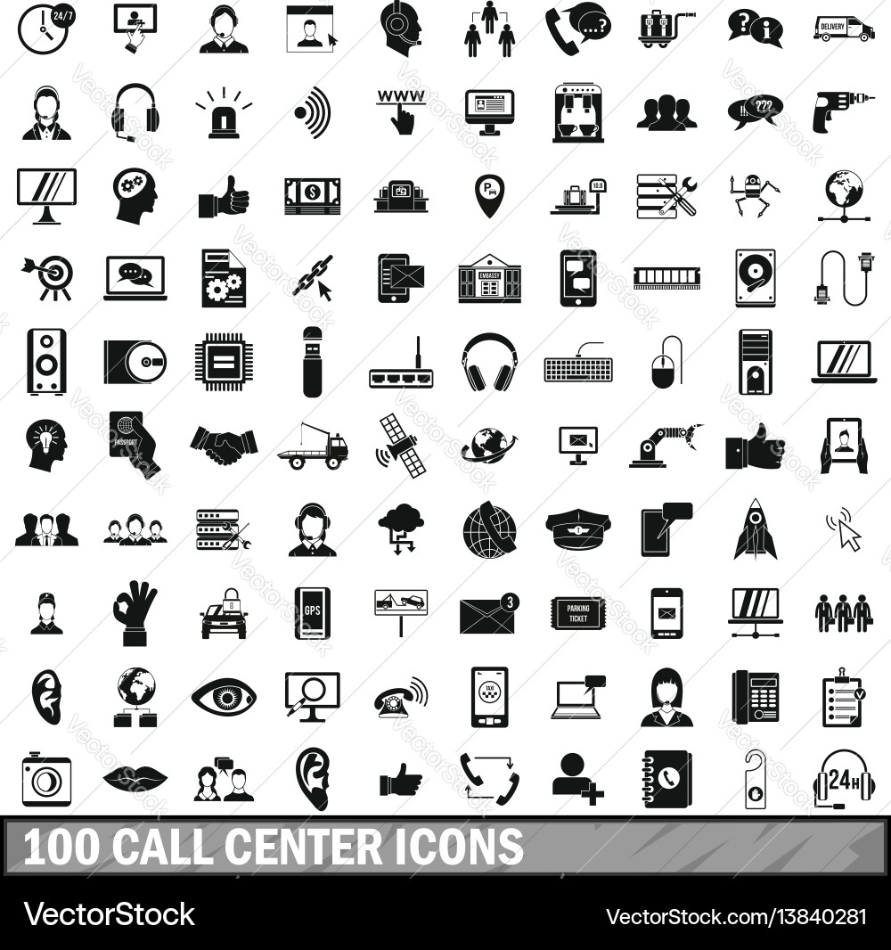 100 call center icons set simple style Royalty Free Vector