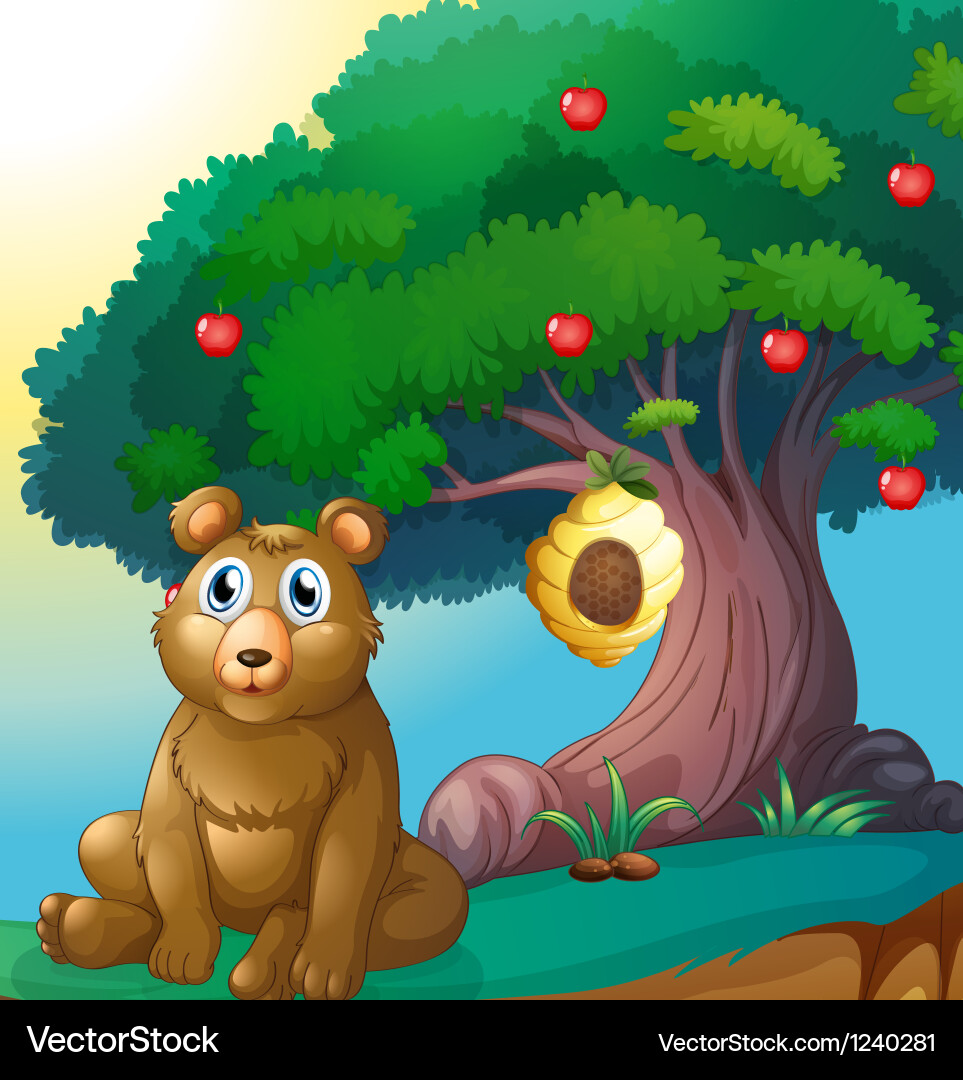 A bear in front of big apple tree with beehive Vector Image