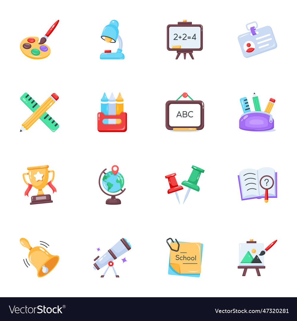 Pack of school supplies and learning flat icons Vector Image
