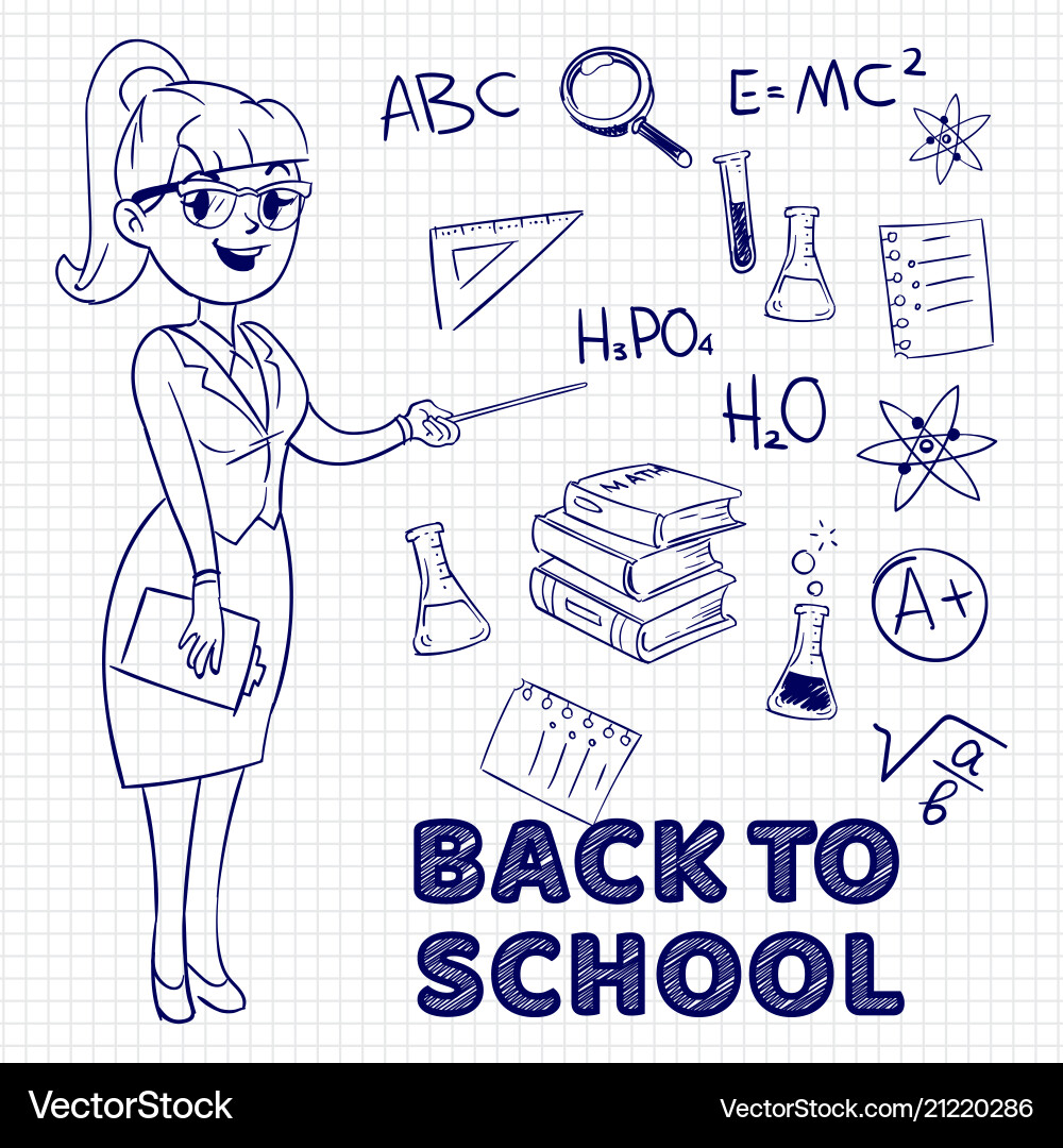 Hand drawn female teacher and school Royalty Free Vector