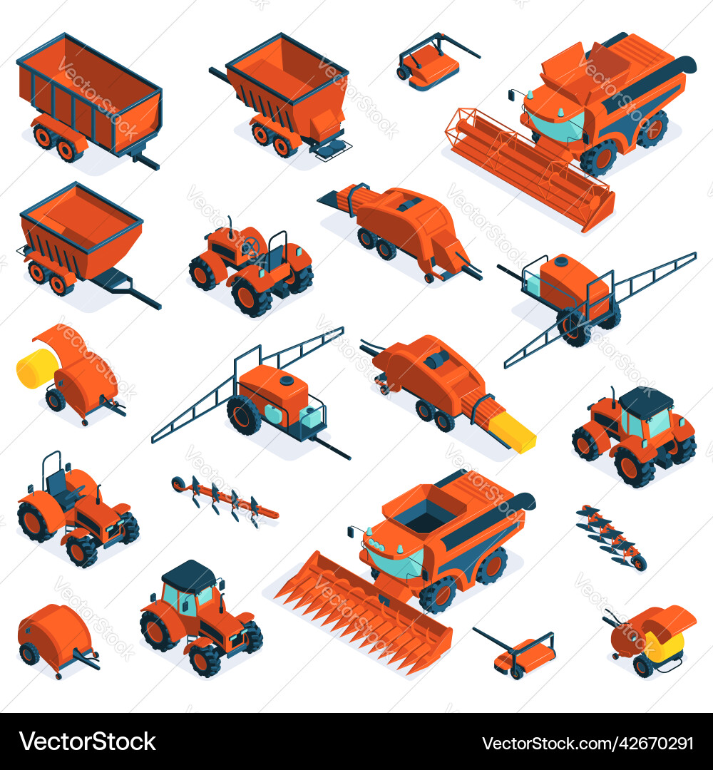 Isometric agricultural farm equipment set Vector Image