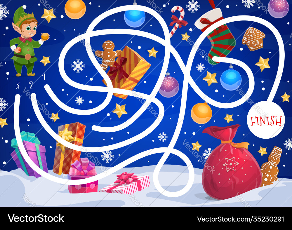 Kids christmas labyrinth game with elf gift boxes Vector Image