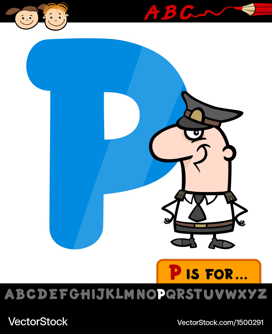 Letter p with policeman cartoon Royalty Free Vector Image