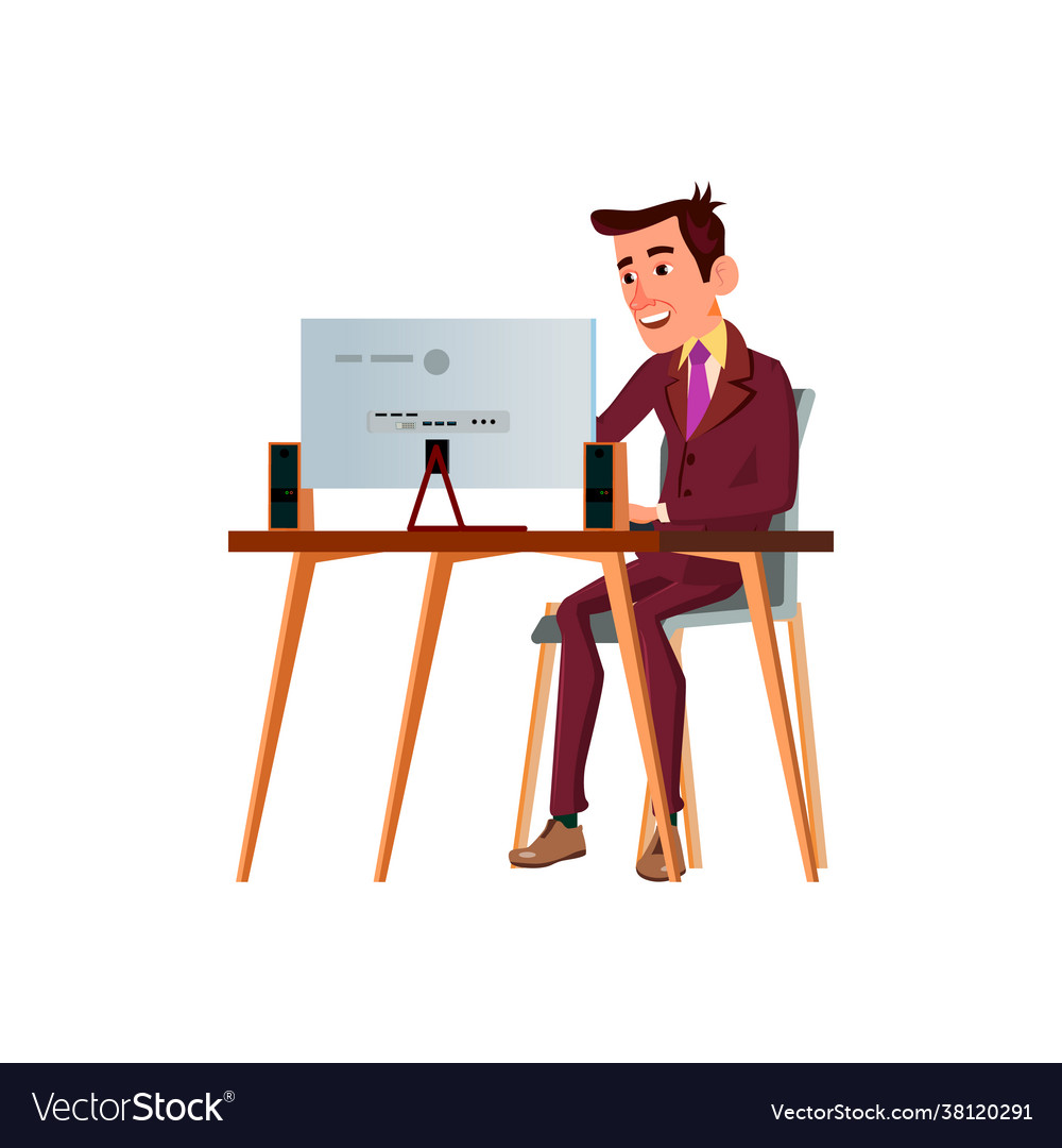 Smiling man computer using and talking Royalty Free Vector