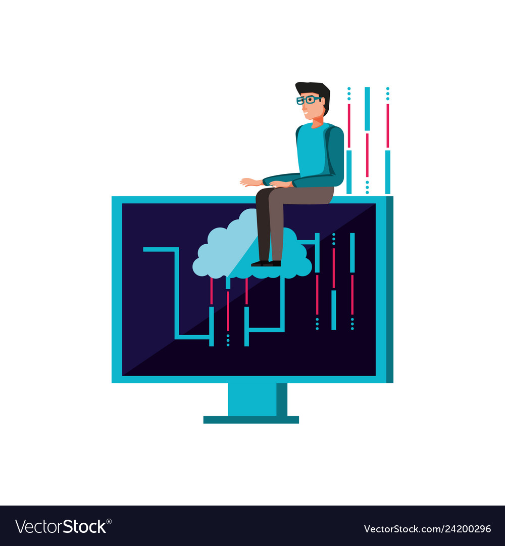 Computer monitor with young man Royalty Free Vector Image