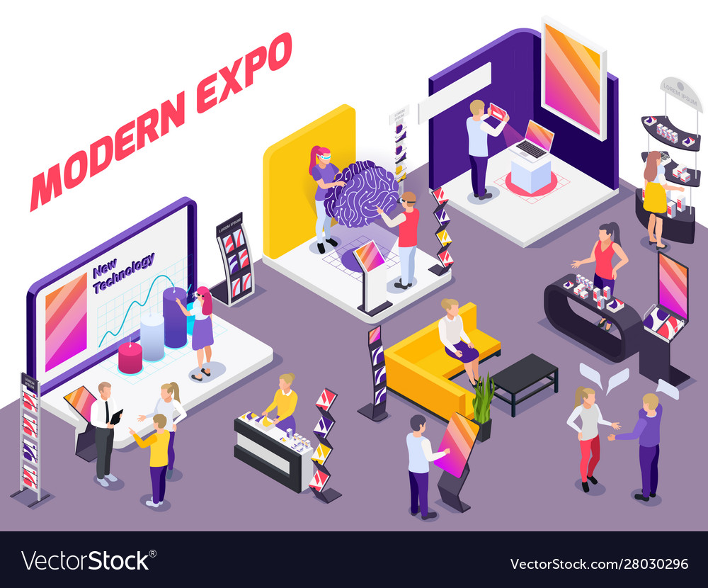 Technology exhibition isometric composition Vector Image