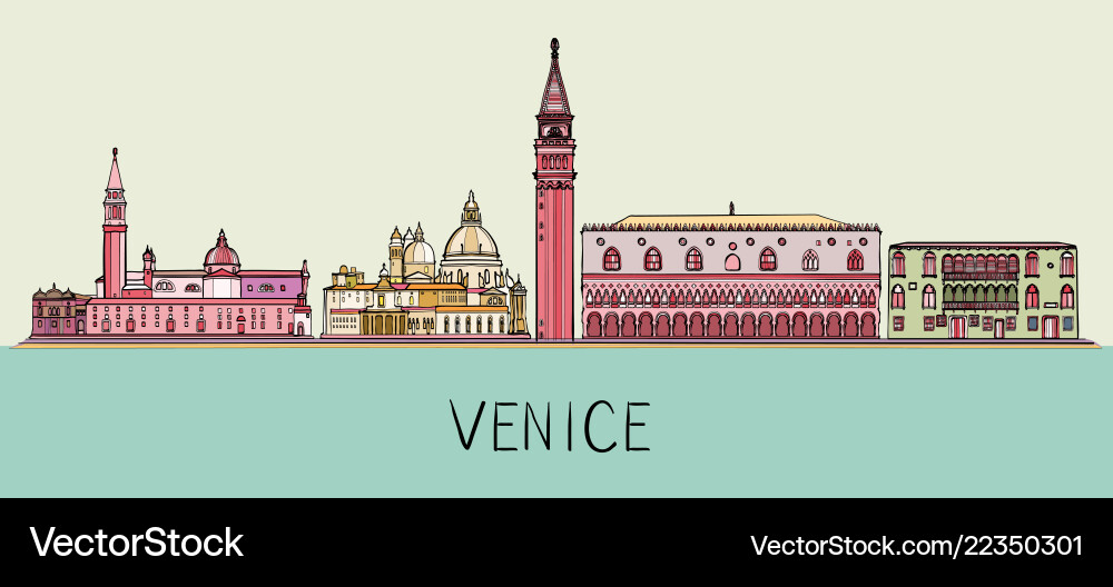 Venice cityscape with famous landmarks Royalty Free Vector