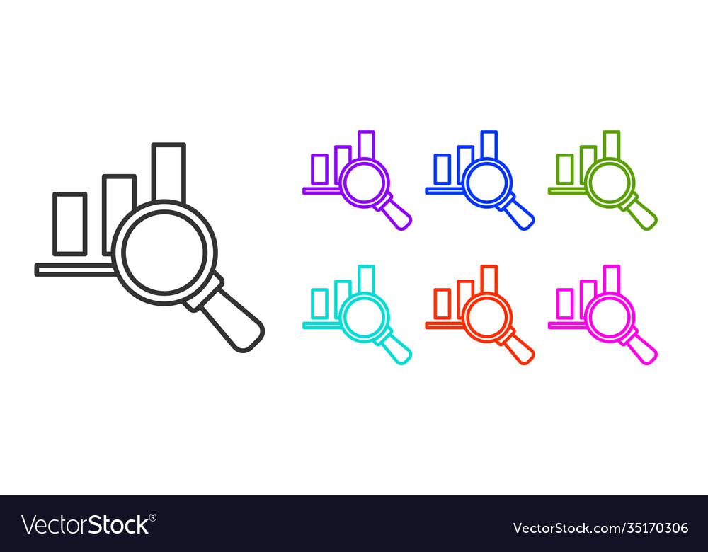 Black line magnifying glass and data analysis icon
