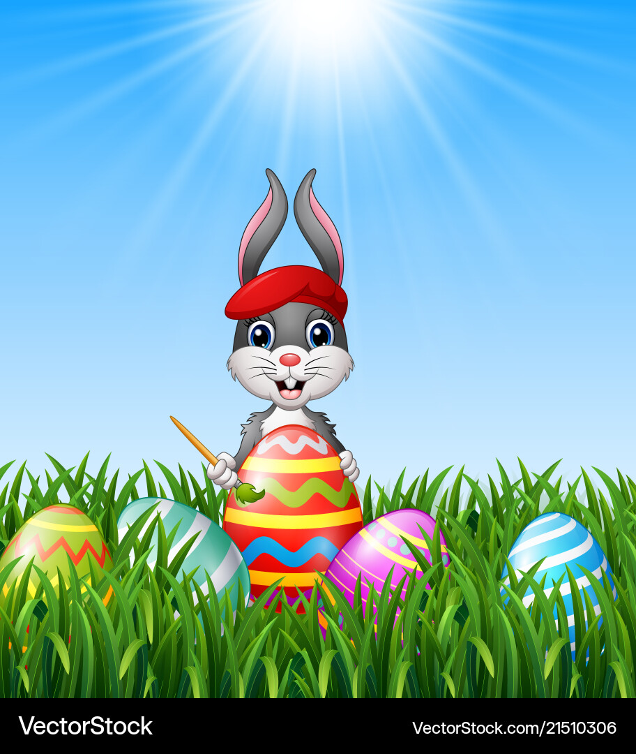 Easter bunny painting eggs in the grass bac Vector Image