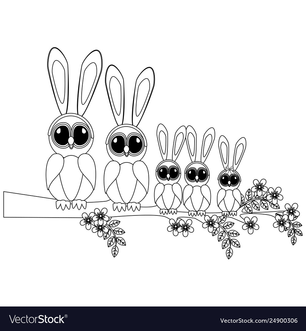 Easter owls on a branch outline Royalty Free Vector Image