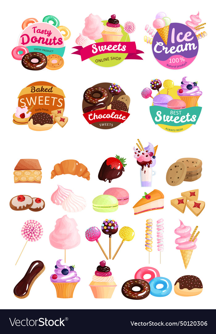 Trendy sweets stickers icon set Royalty Free Vector Image