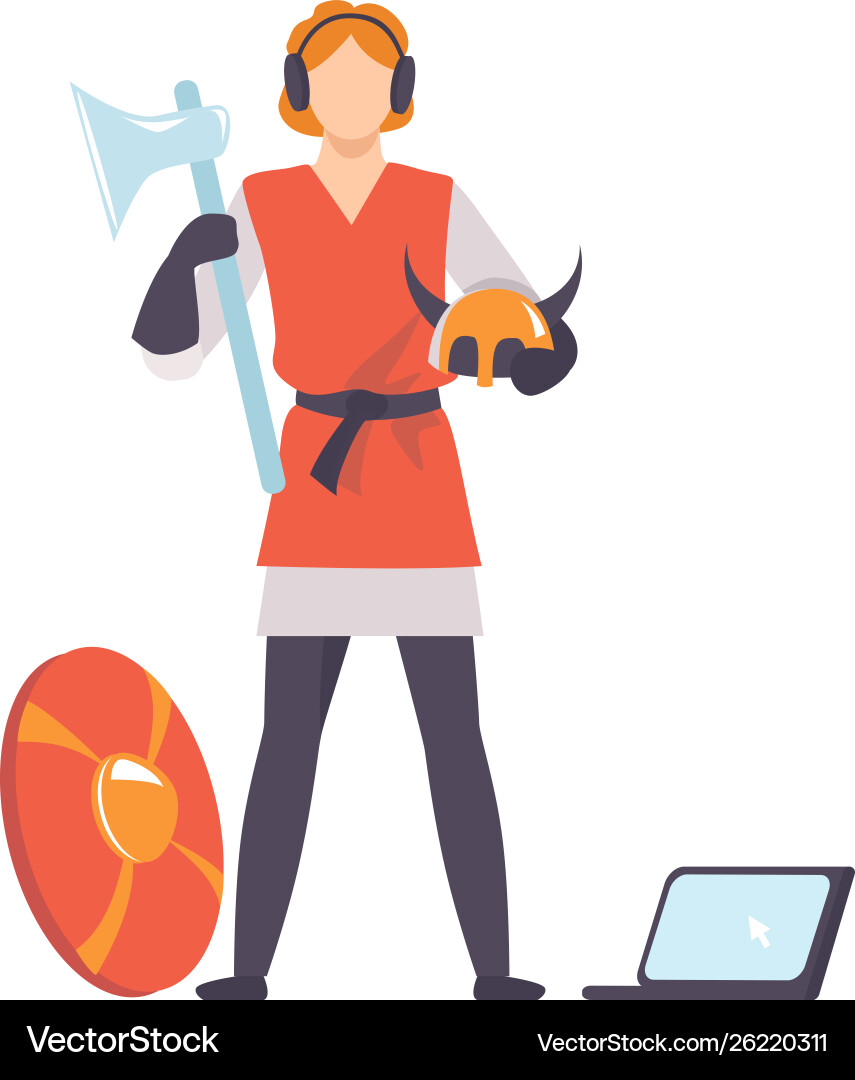 Ancient warrior with weapon and laptop historical Vector Image