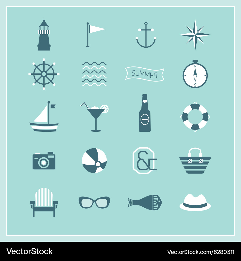 Blue summer naval and beach icons set Royalty Free Vector