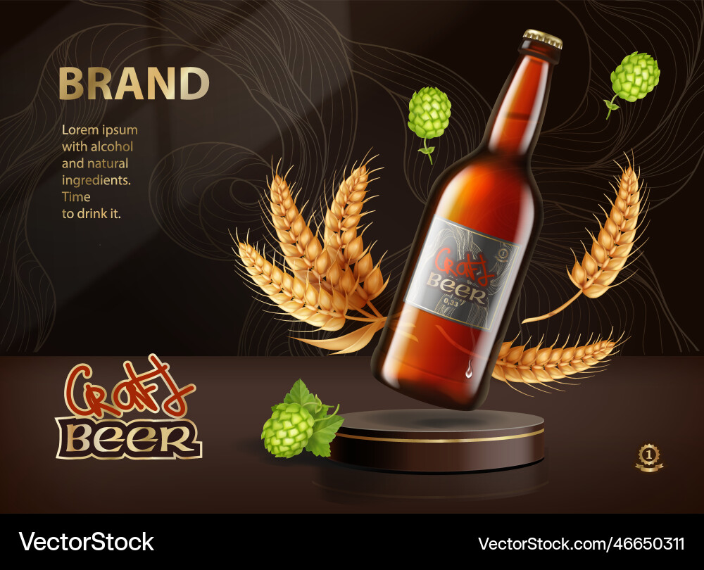 Craft wheat beer bottle with green hops Royalty Free Vector