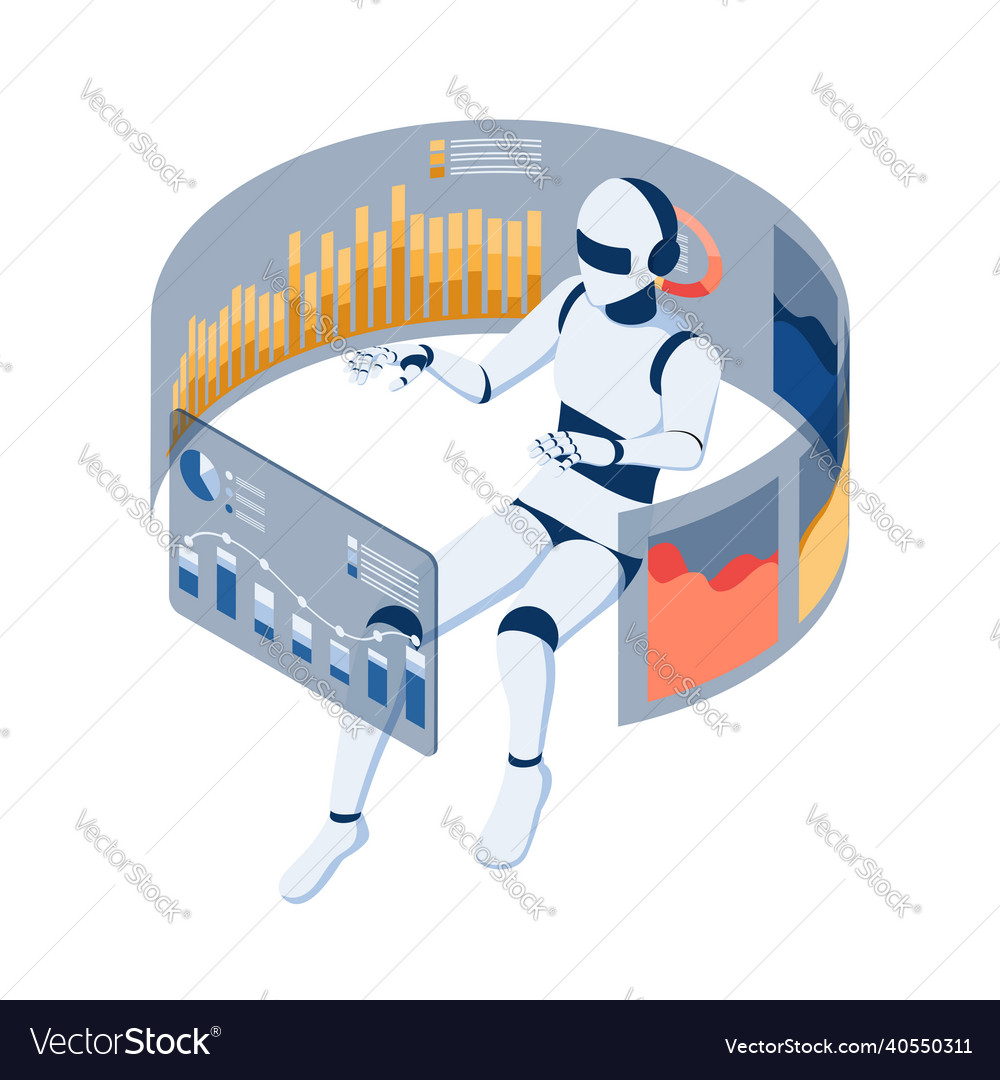 Isometric ai robot floating and analyse virtual Vector Image