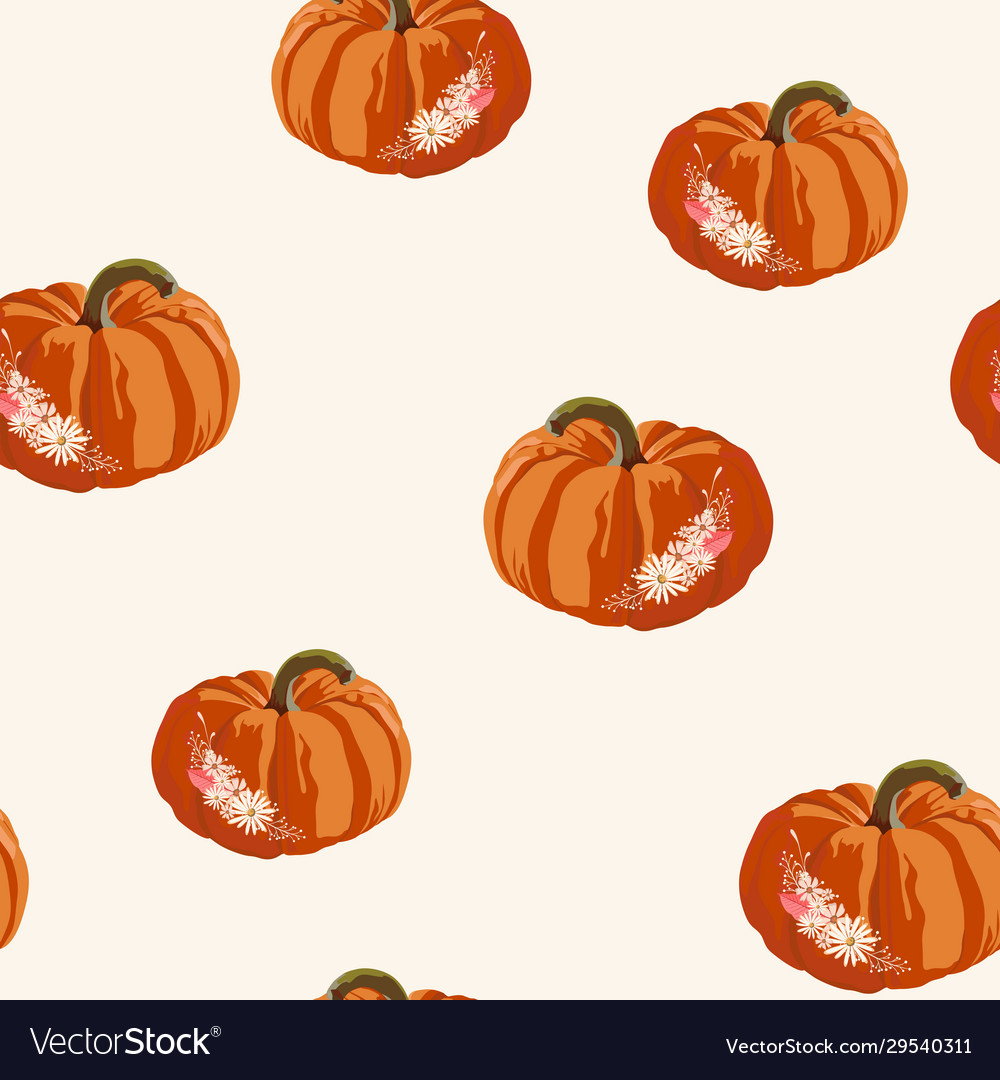 Seamless autumn pattern with pumpkins and flowers Vector Image