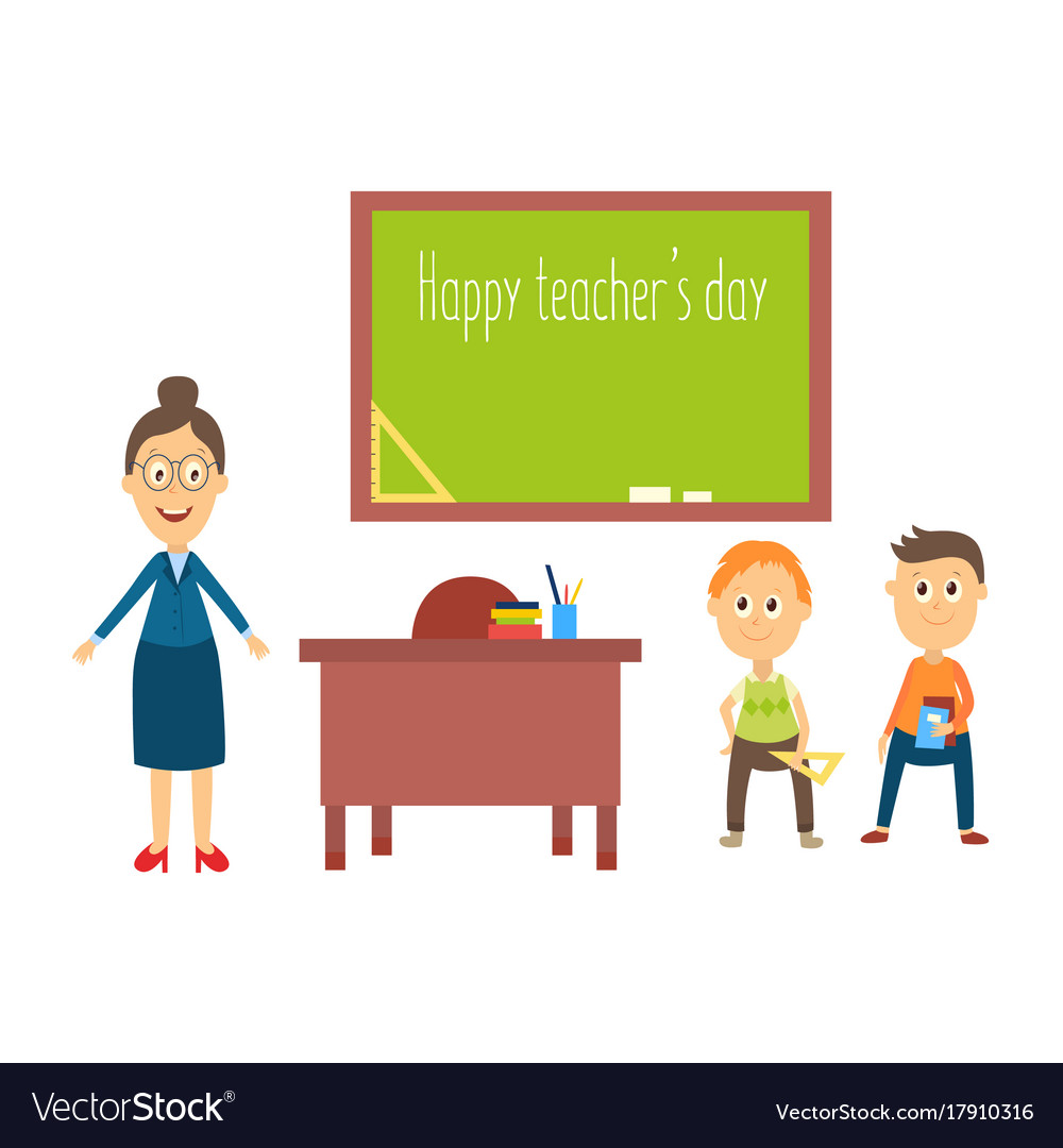 Flat cartoon teacher and pupils Royalty Free Vector Image Flat cartoon teacher and pupils Royalty Free Vector Image