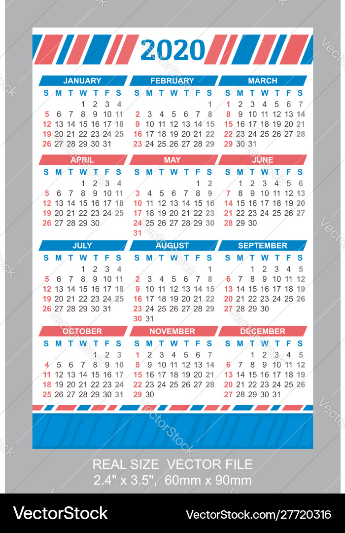 Pocket calendar 2020 start on sunday Royalty Free Vector