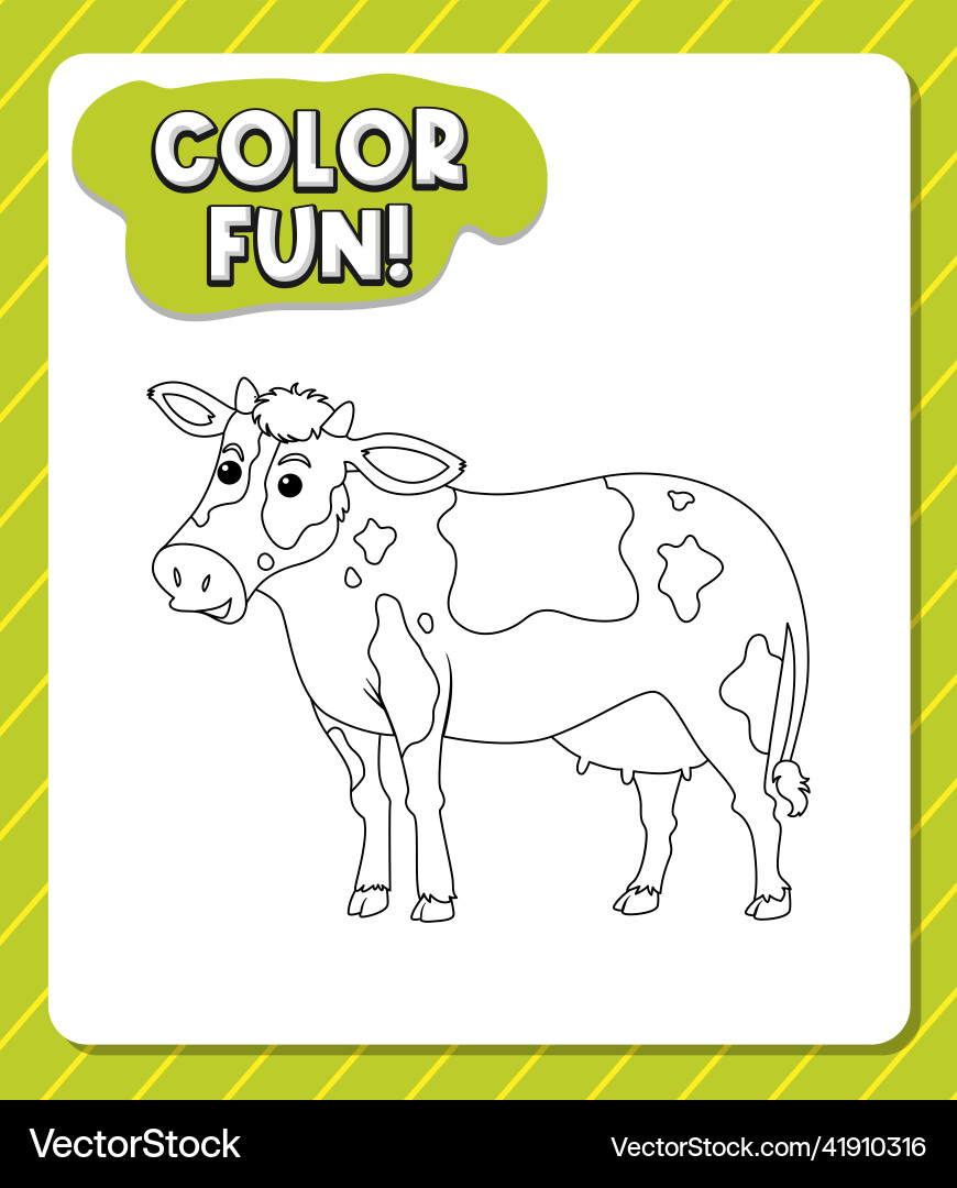 Worksheets template with color fun text and cow Vector Image