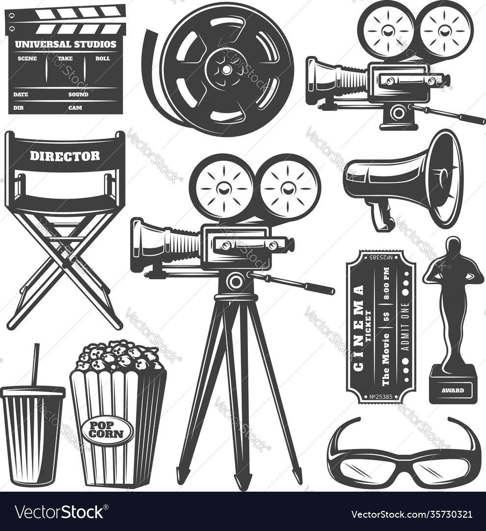 Cinema monochrome elements set Royalty Free Vector Image