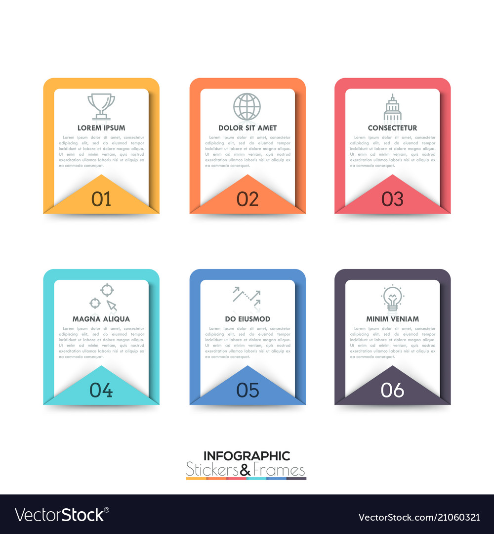 Six numbered rectangular elements with text boxes Vector Image