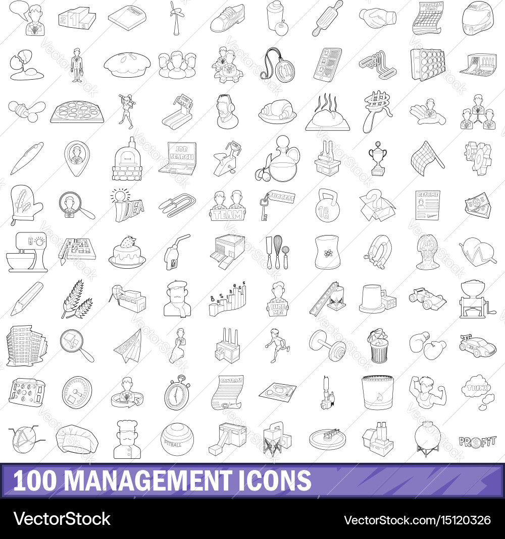 100 management icons set outline style Royalty Free Vector