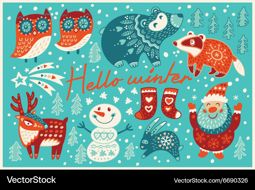 Hello winter card in cartoon style Royalty Free Vector Image