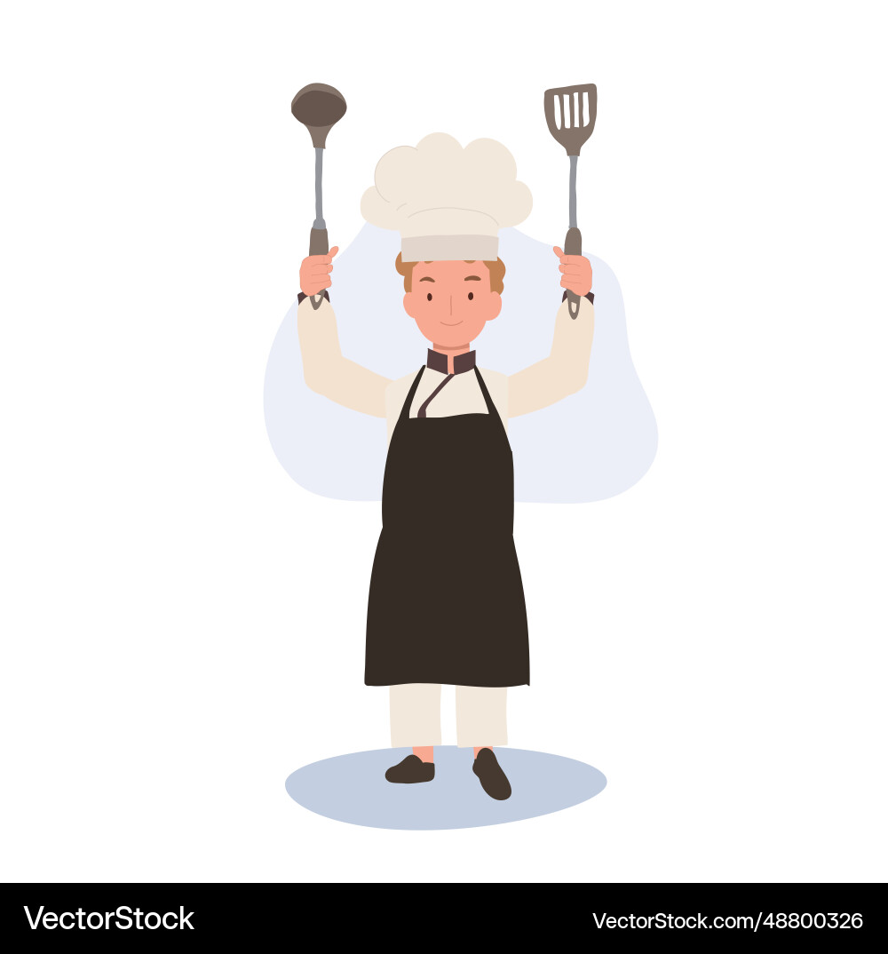 Young culinary pro holding flipper and dipper up Vector Image