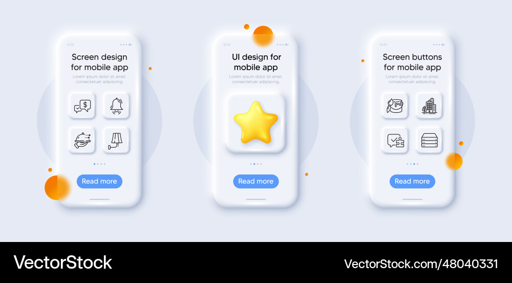 Wall lamp buildings and servers line icons pack Vector Image
