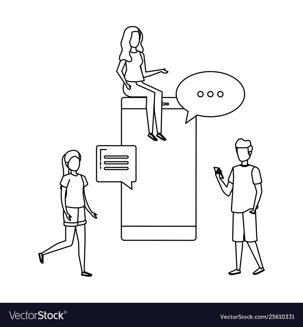 Young people with smartphone and speech bubbles Vector Image
