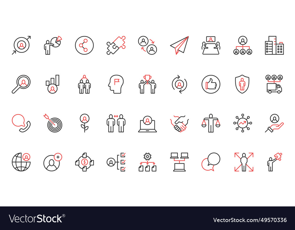 Business cooperation red black thin line icons set