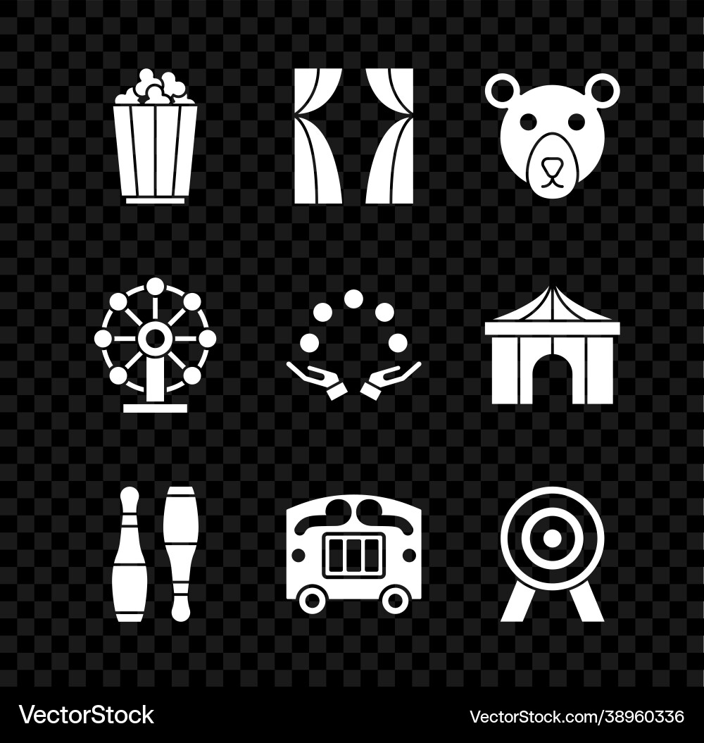 Set popcorn in box circus curtain raises bear Vector Image