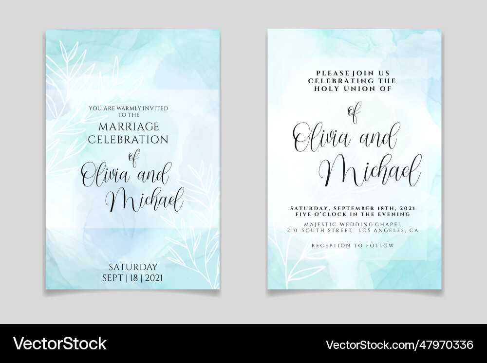Wedding invitation template on pastel cyan liquid Vector Image