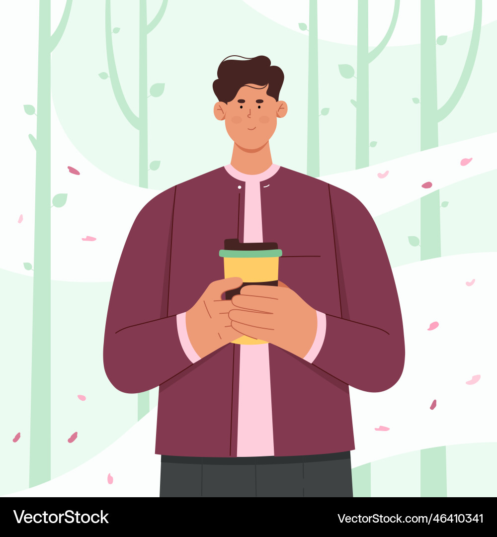 Man drinking coffee in spring park male character Vector Image
