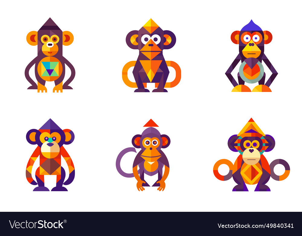 Six colorful monkeys are displayed in a bold Vector Image