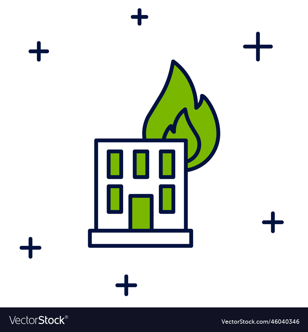 Filled outline fire in burning building on city Vector Image