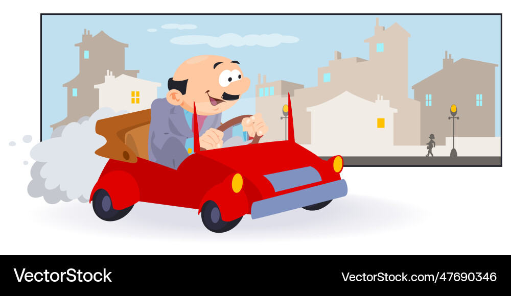Man in small funny car driver is driving Vector Image