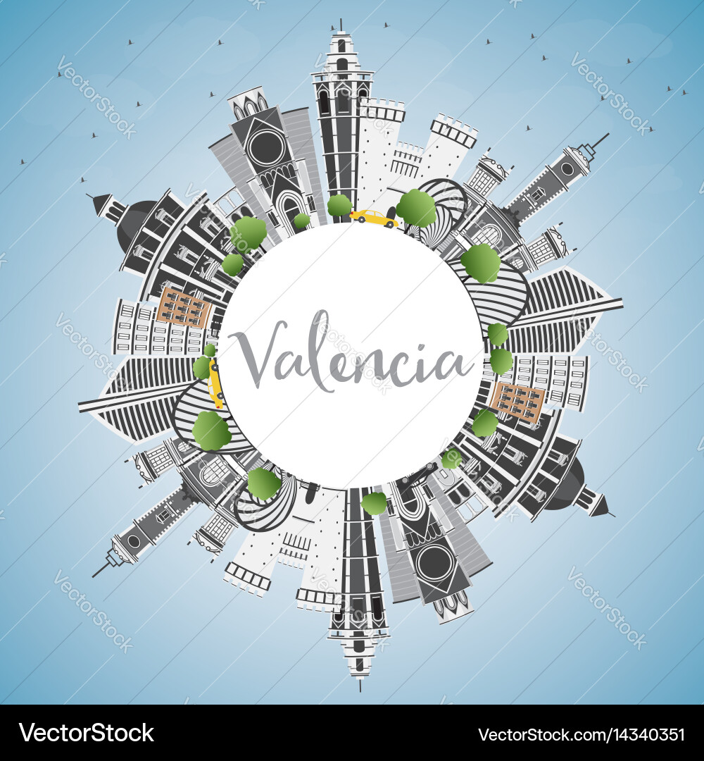 Valencia skyline with gray buildings blue sky Vector Image