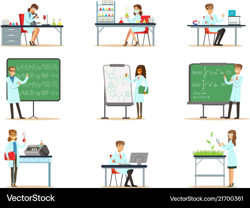 Scientists at work in a lab and an office series Vector Image