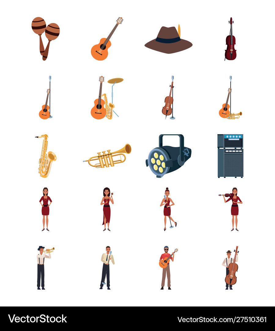 Set jazz music instruments and people Royalty Free Vector