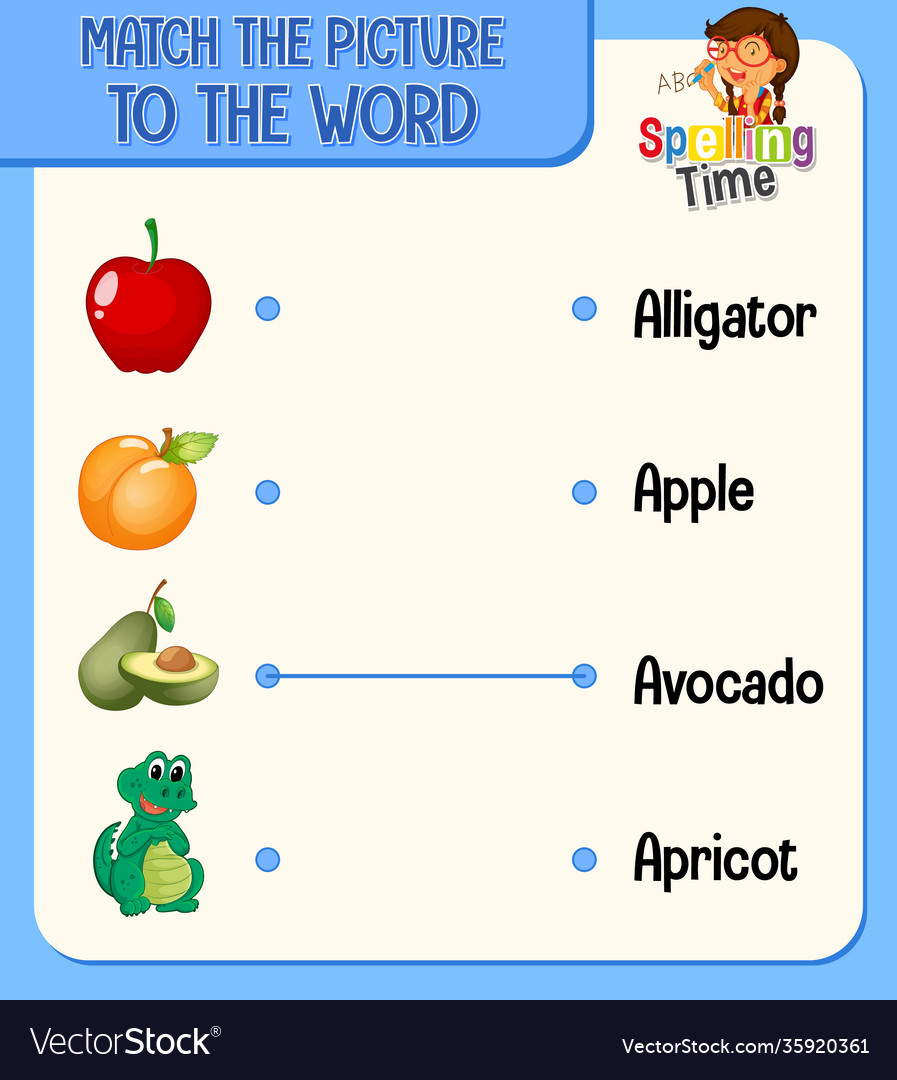 Word to picture matching worksheet for children Vector Image