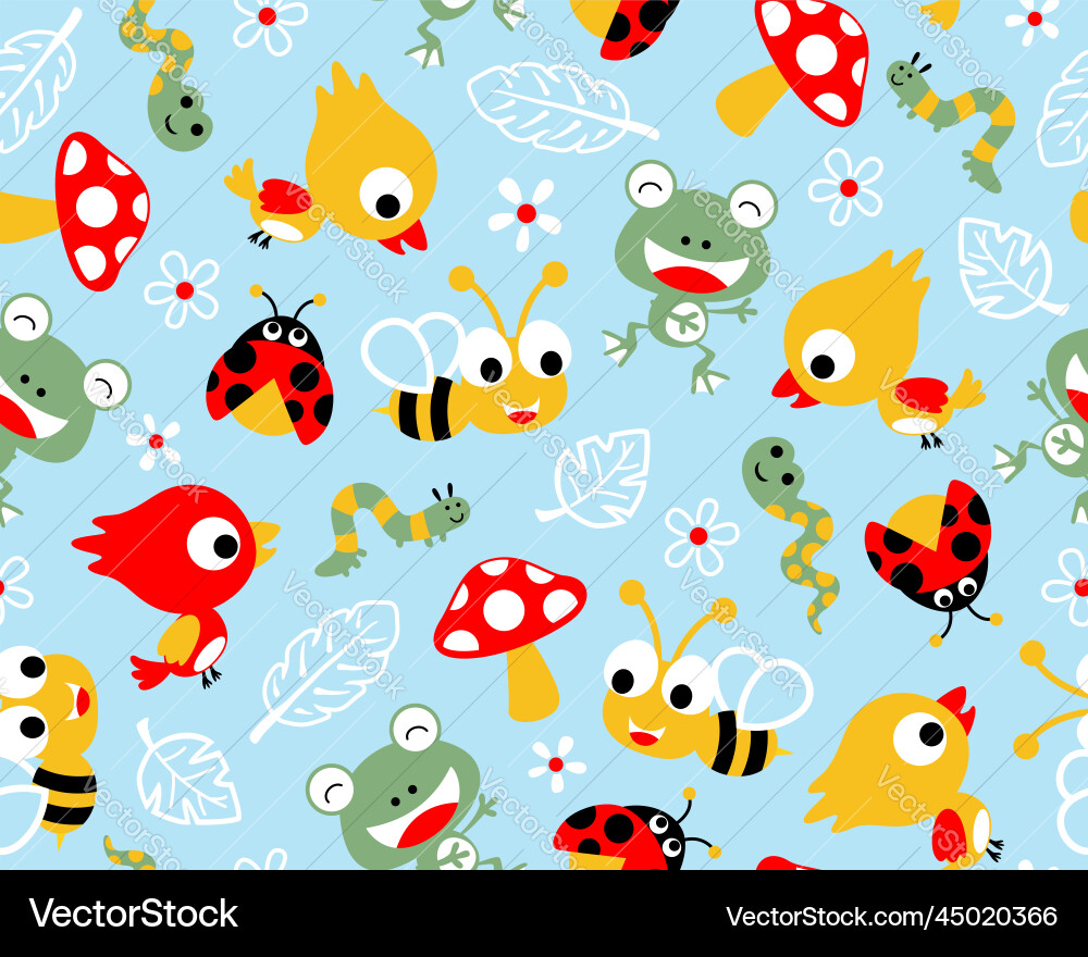 Seamless pattern of bugs cartoon and bird Vector Image