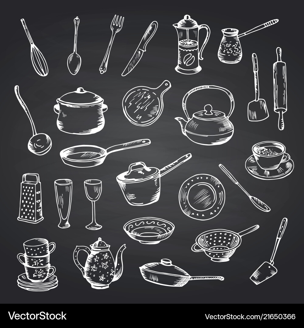 Set of hand drawn kitchen utensils on black Vector Image