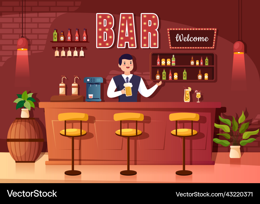 Bar or pub at evening with alcohol drinks bottles Vector Image