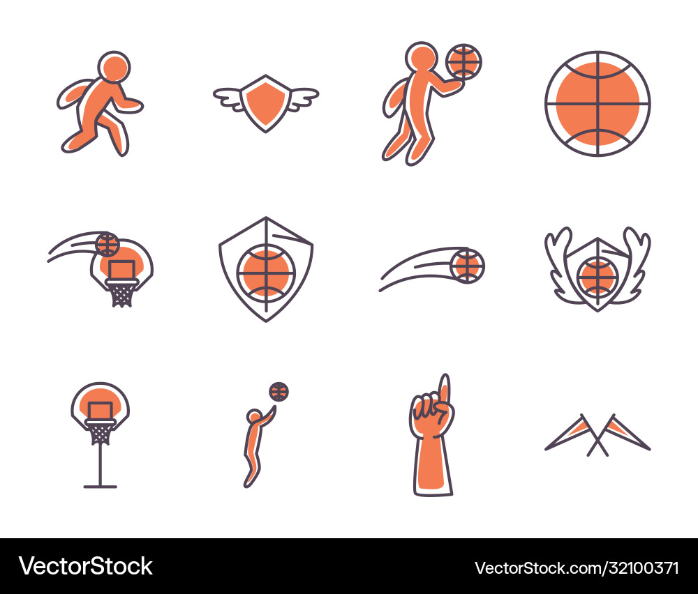 Basketball line and fill style icon set Royalty Free Vector