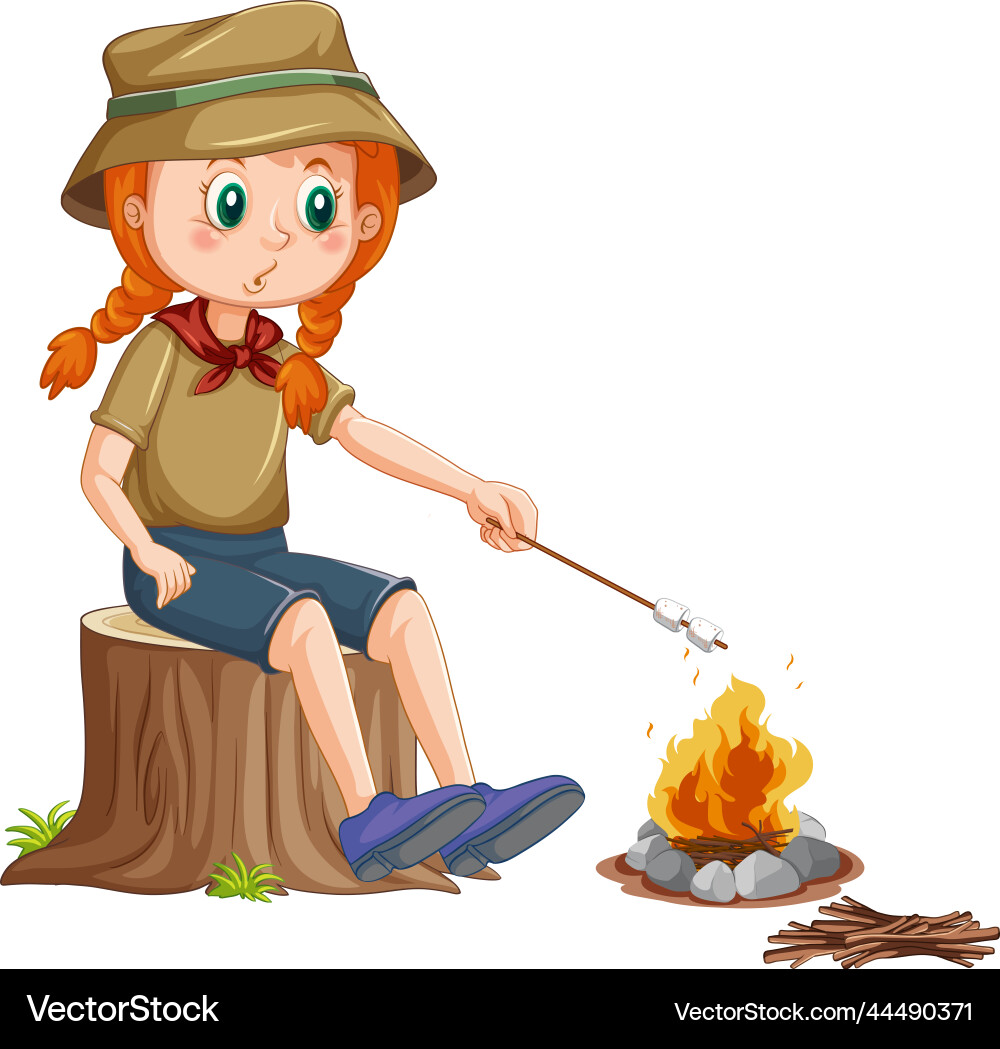Camping girl roasting marshmallow Royalty Free Vector Image