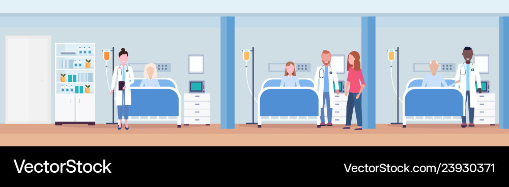 Mix race doctors visiting patients lying in bed Vector Image