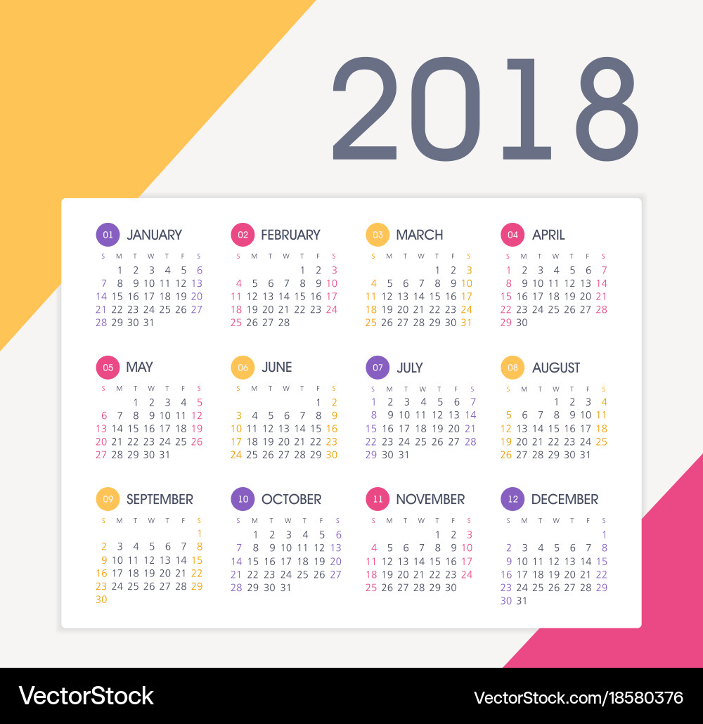 Calendar 2018 year week starts from sunday Vector Image