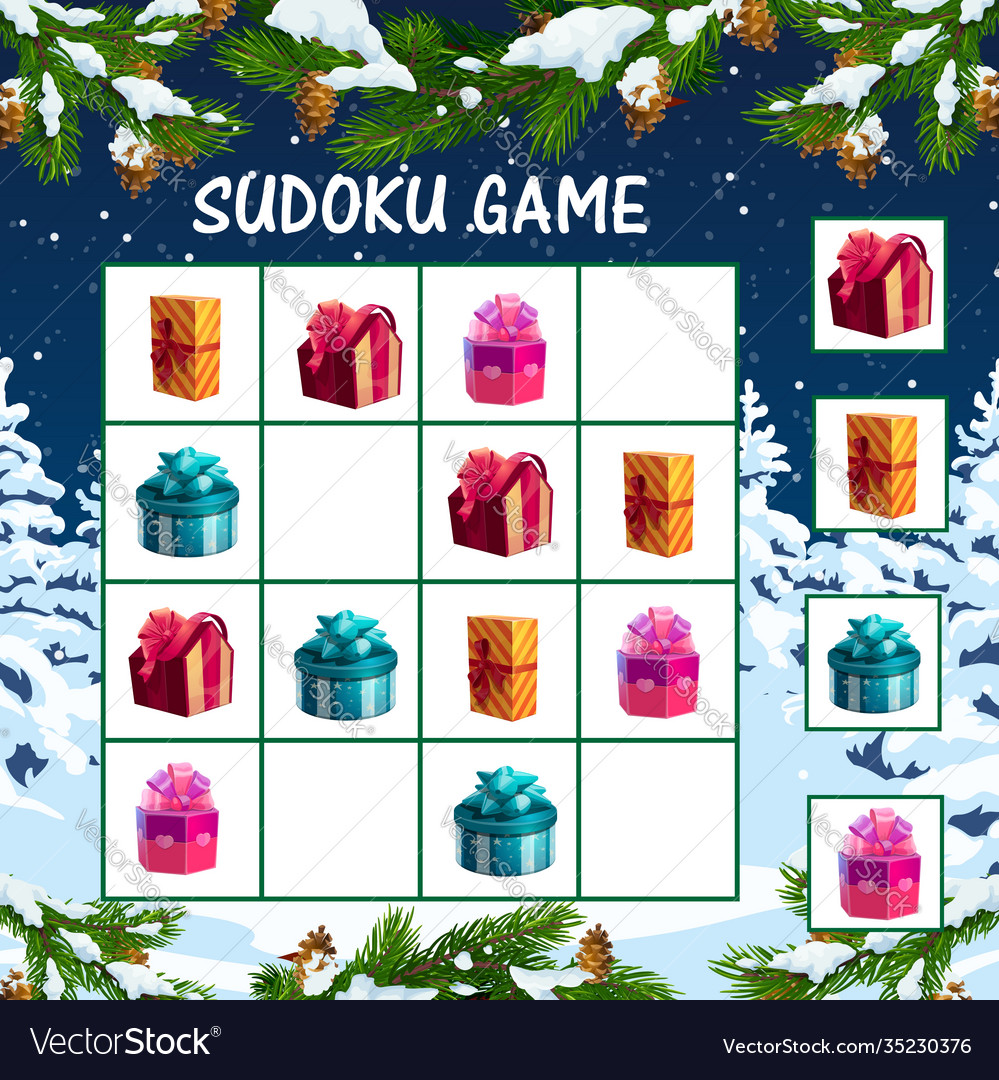 Christmas sudoku game for kids with holiday gifts Vector Image