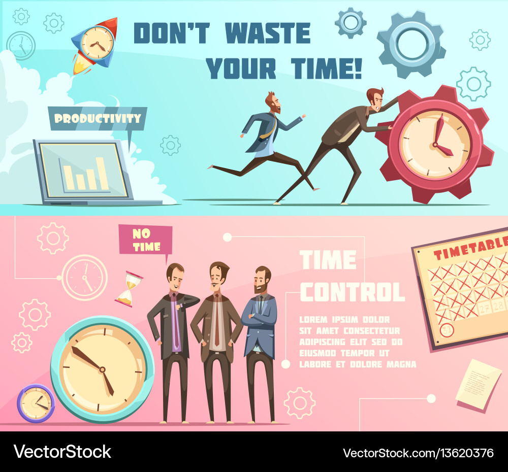 Time management retro cartoon banners Royalty Free Vector